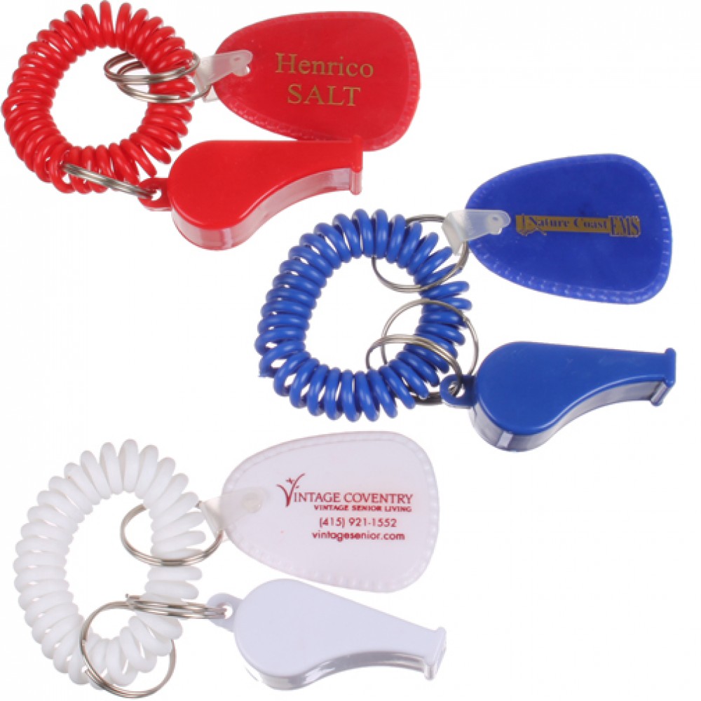 Custom Logo Key holder with whistle, wrist coil and plastic tag. Coil ...